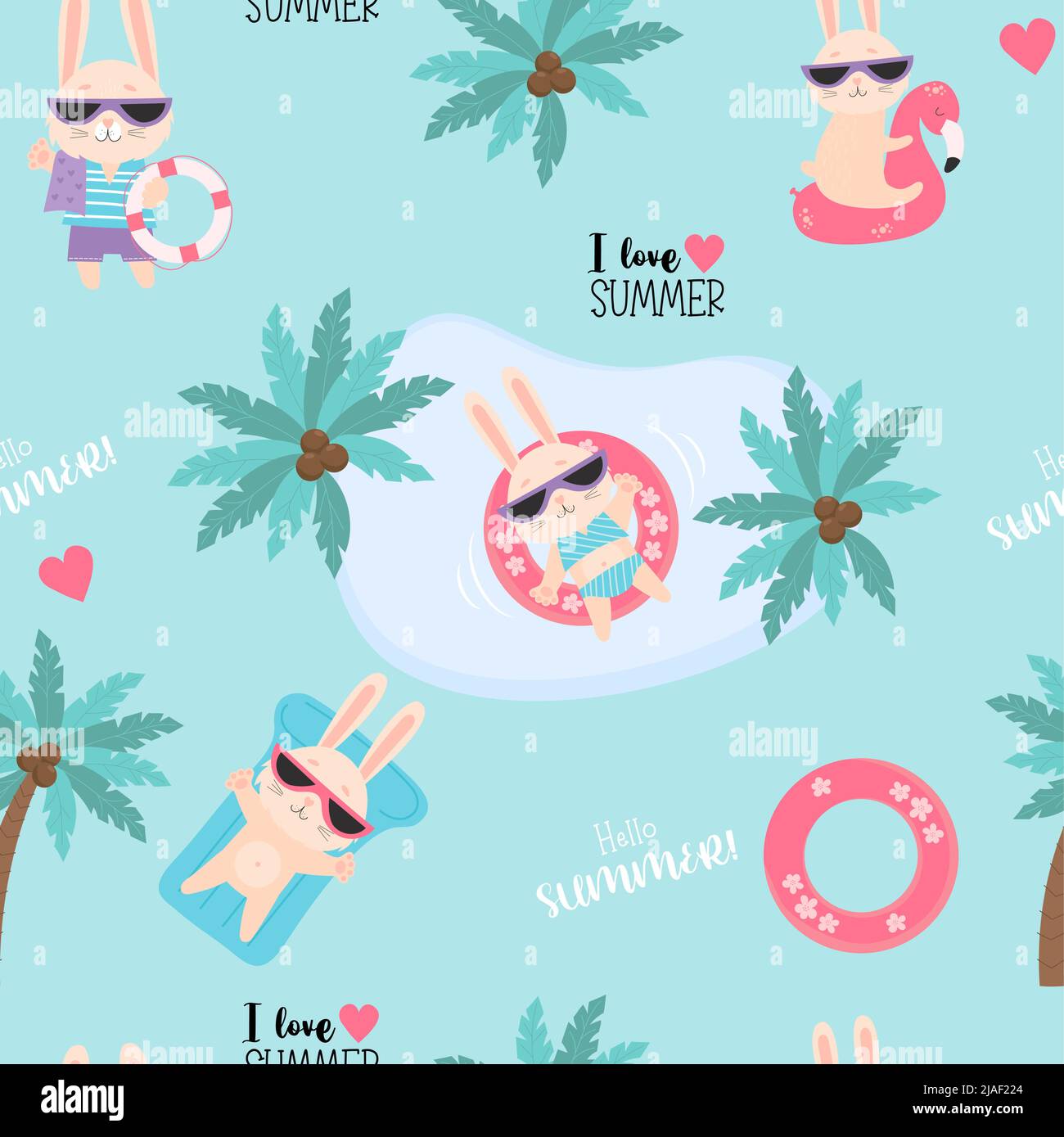 Summer tropical seamless pattern. Funny cute beach bunnies in ...