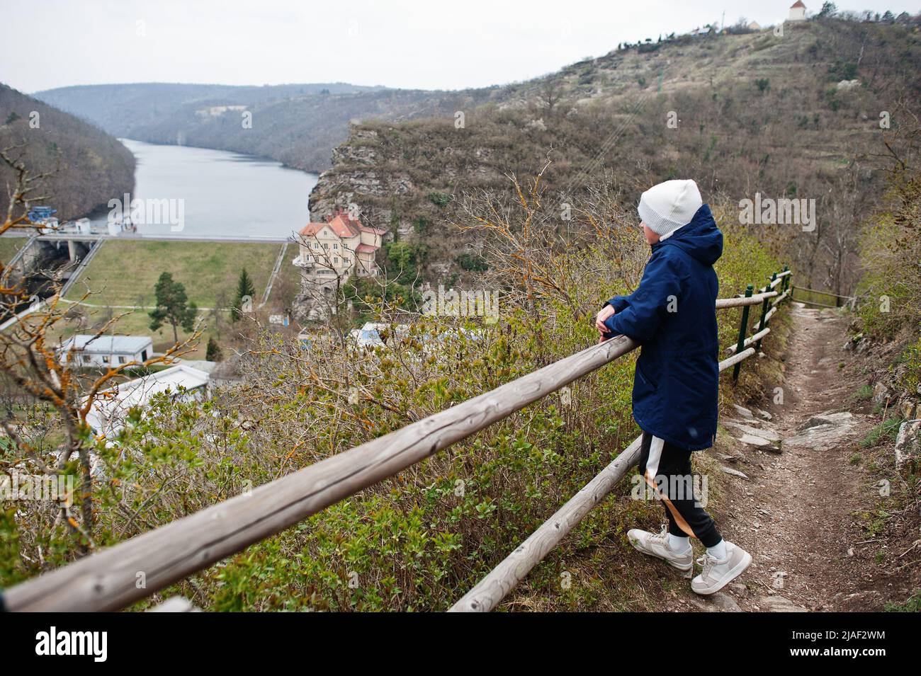 Boy looking at panorama Znojmo dam in Czech Republic Stock Photo - Alamy