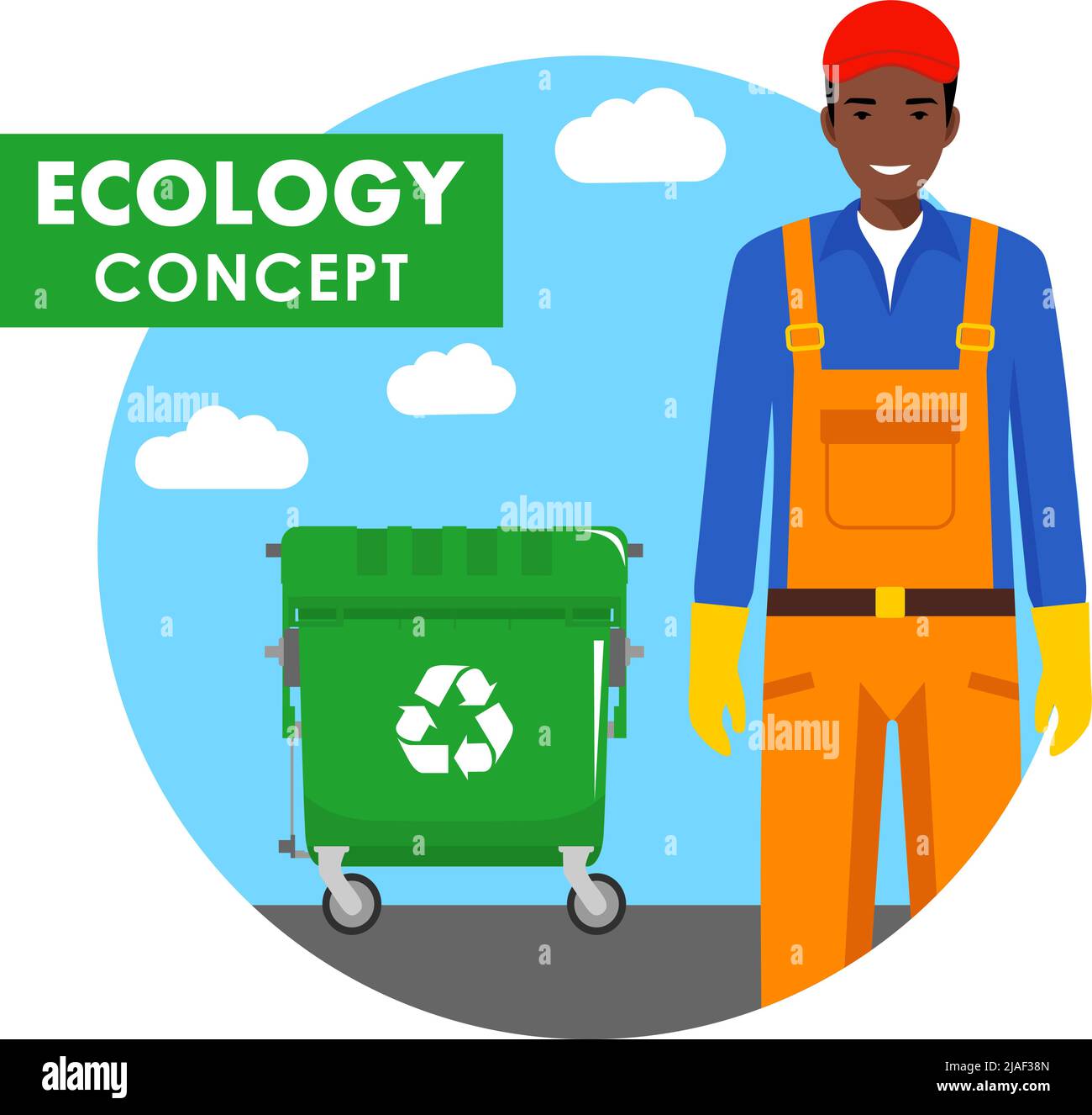 Detailed illustration of garbage collector and green dumpster on blue ...