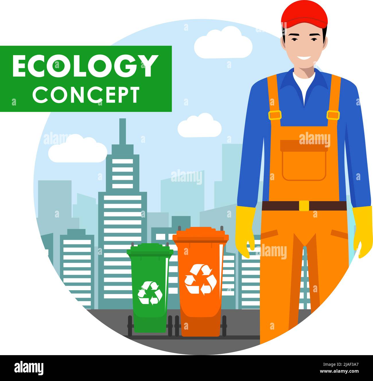 Detailed illustration of garbage collector and dumpsters on cityscape ...