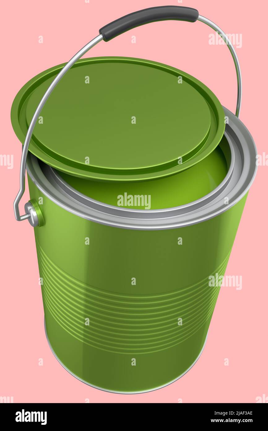 Open metal can or buckets of paint with handle on pink background. 3d ...