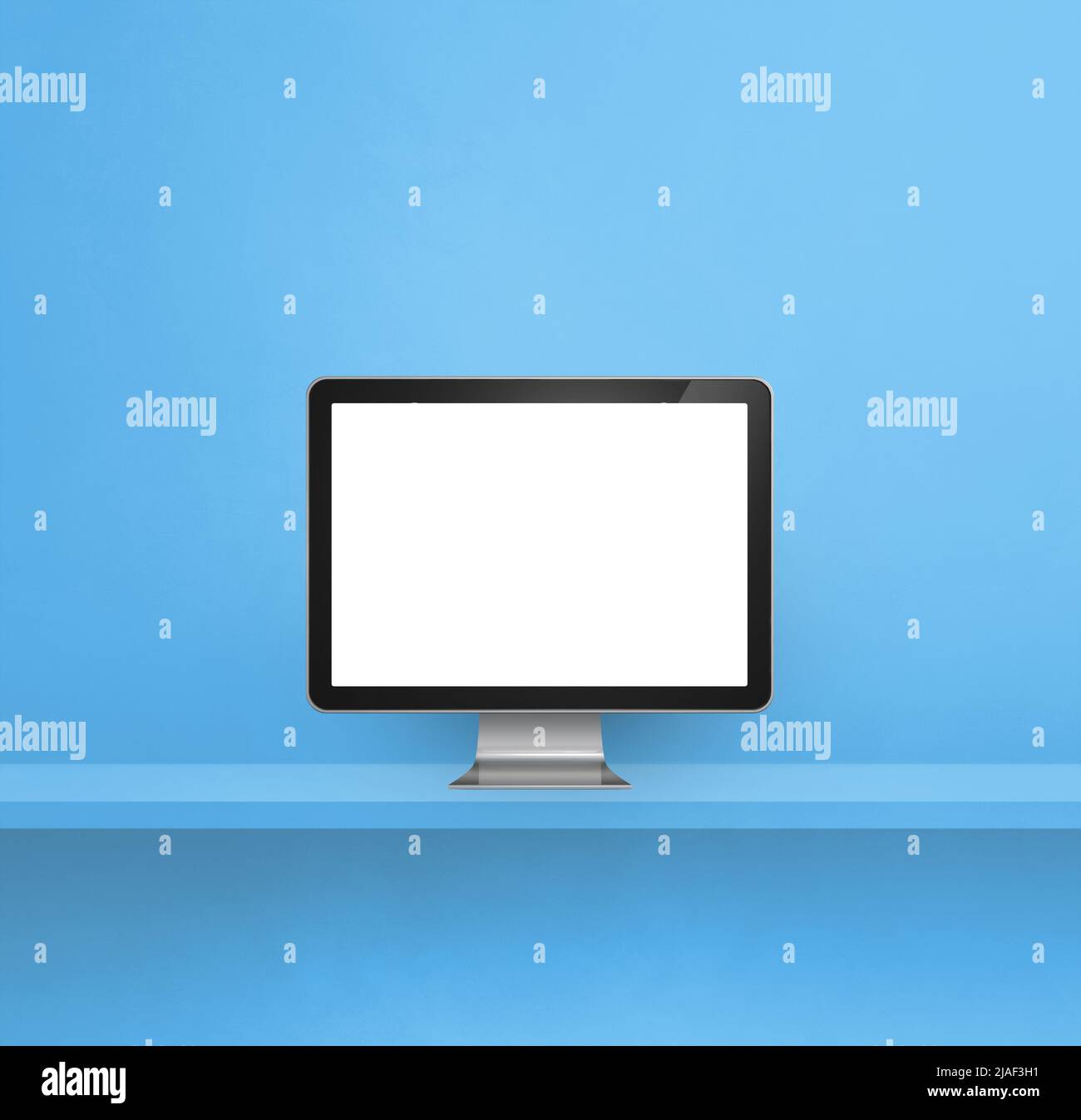Computer pc - blue wall shelf background. 3D Illustration Stock Photo ...