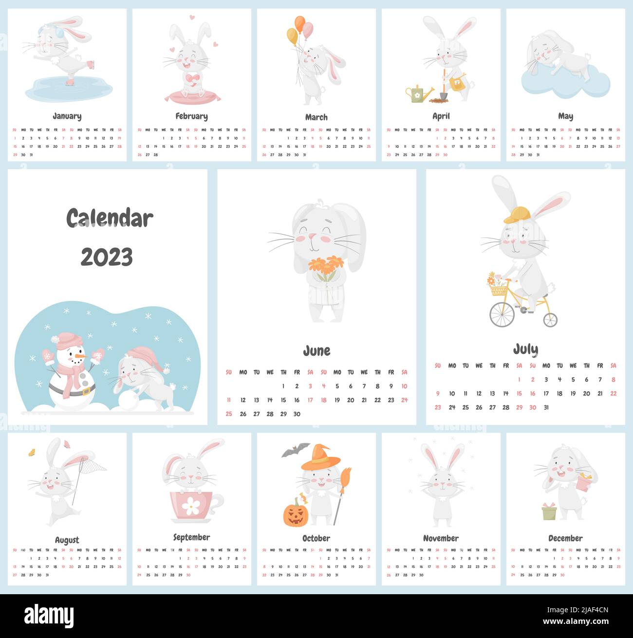 Concept of children's calendar for 2023 with a cute bunny character ...