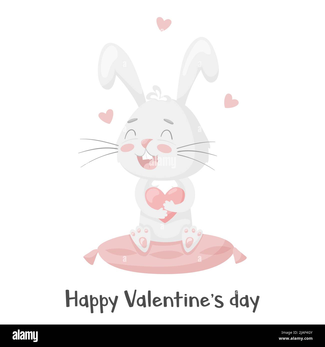 Cute smiling bunny sitting on a pink pillow and holding a heart. Happy ...
