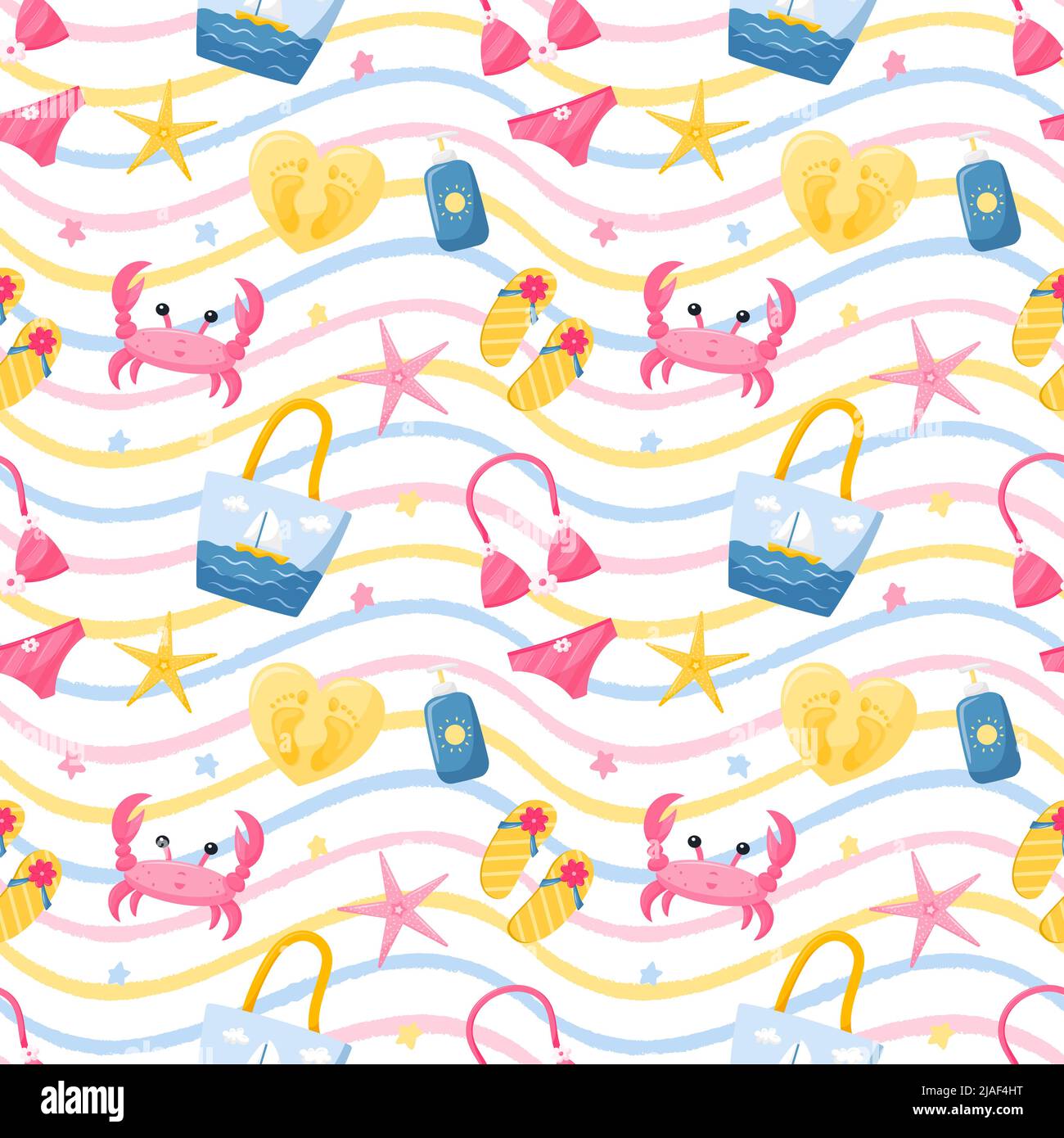 Summer seamless pattern with crab, beach accessories, bag, swimsuit and ...