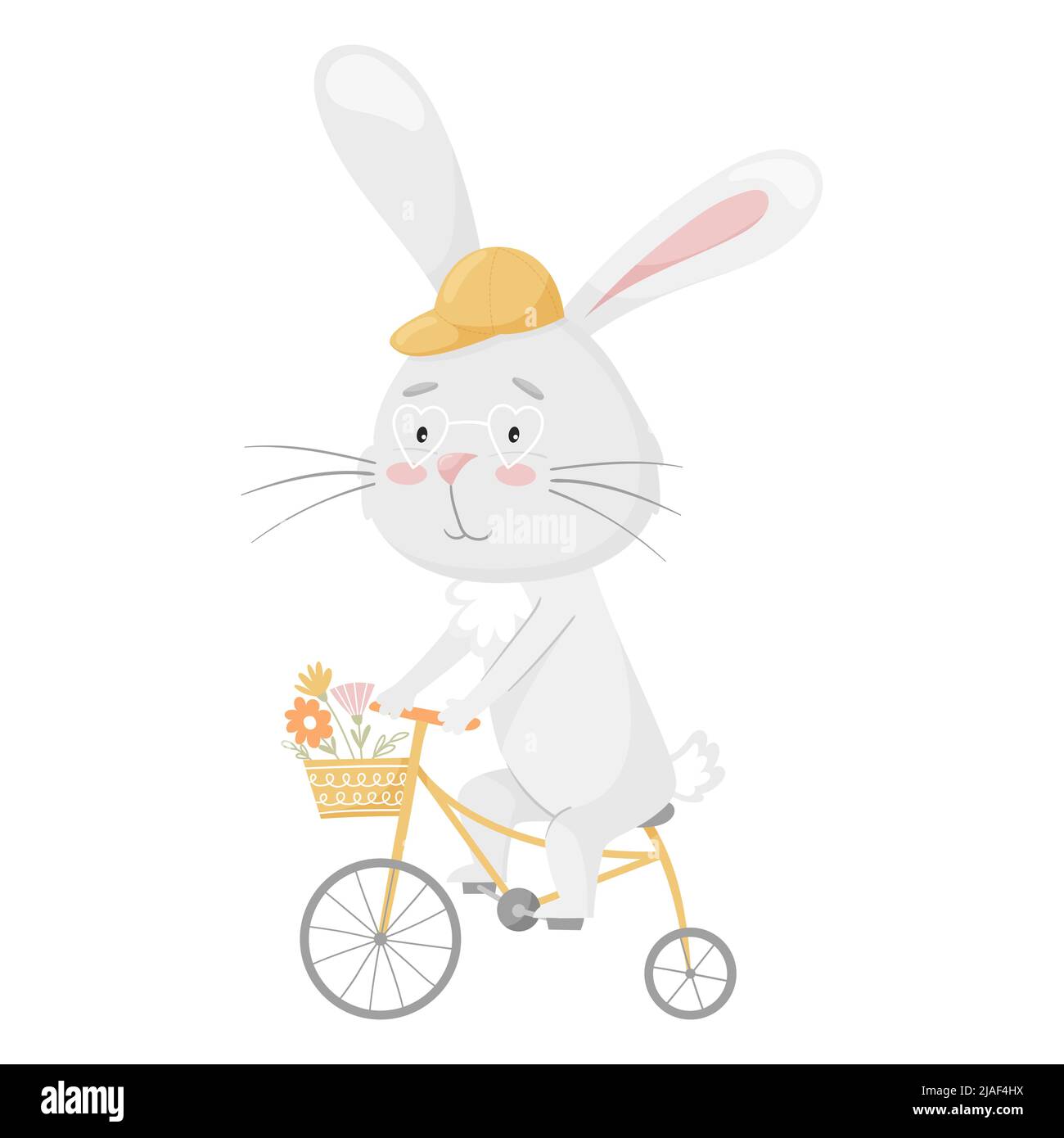 Cute smiling rabbit in a cap riding a bicycle with a basket of flowers ...