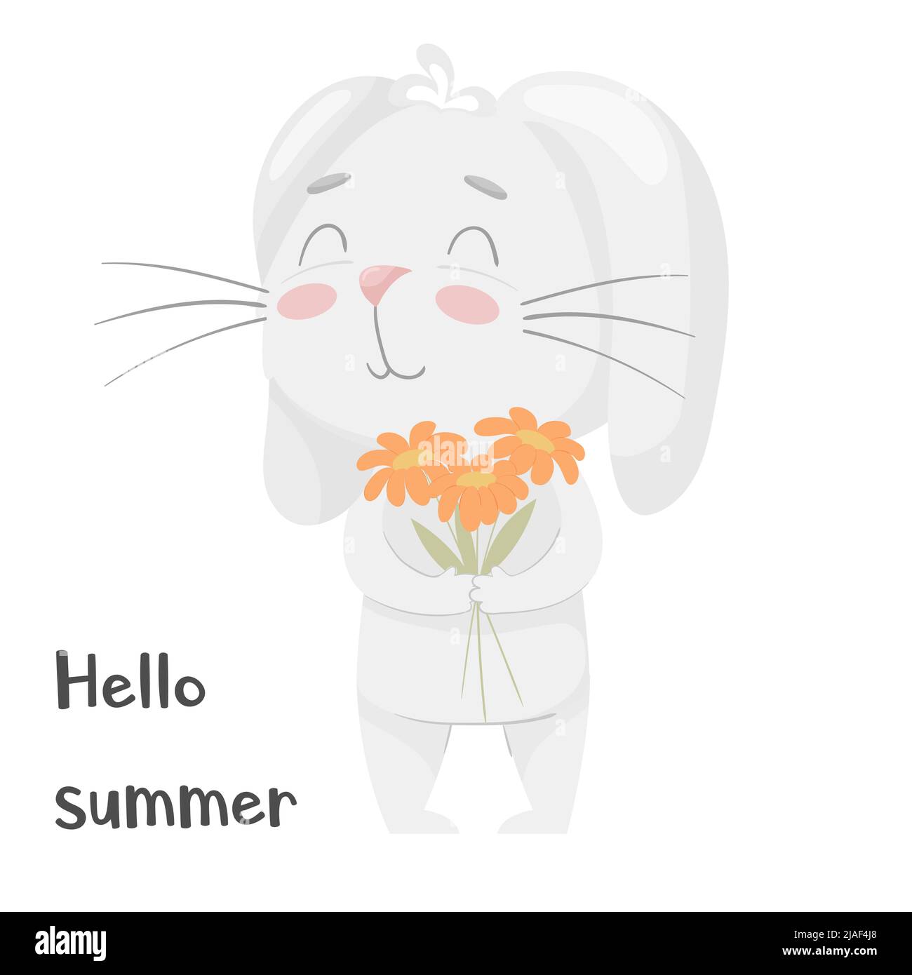 Cute smiling rabbit holding a bouquet of spring flowers.Hello summer ...