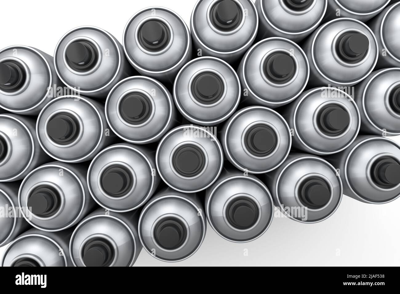 Set of silver spray paint cans in row on white background. 3d render ...