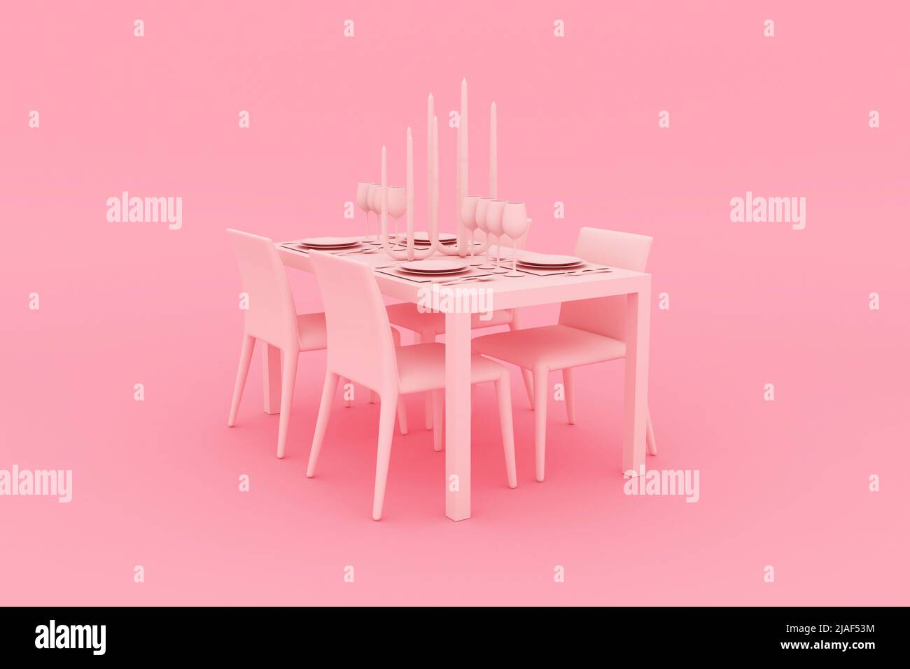 Light pink background. Dining chairs and dining table in flat style, 3D ...