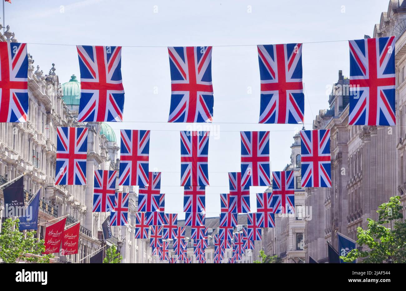 London, UK. 27th May 2022. Union Jack flags decorate Regent Street for ...