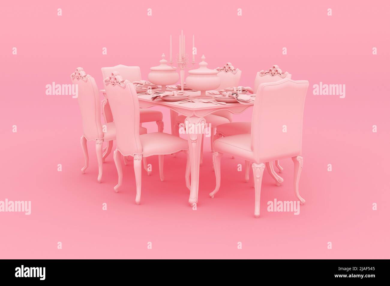 Light pink background. Dining chairs and dining table in flat style, 3D ...