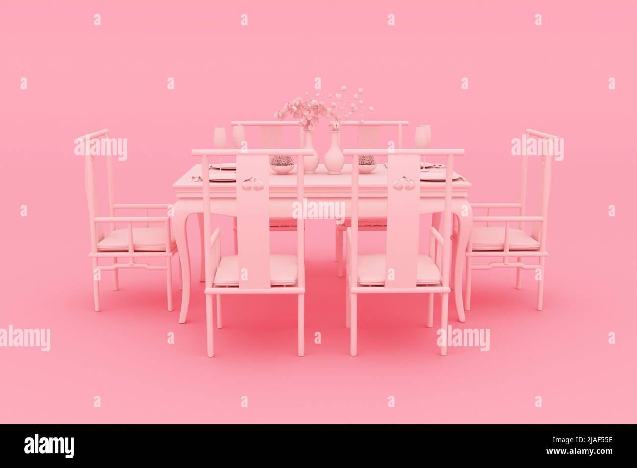 Light pink background. Dining chairs and dining table in flat style, 3D ...