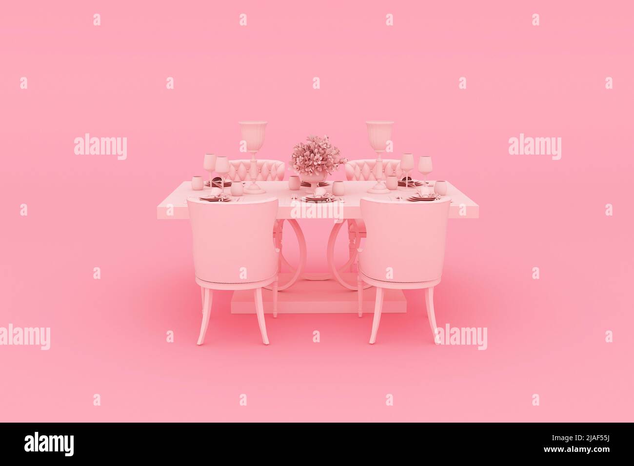 Light pink background. Dining chairs and dining table in flat style, 3D ...