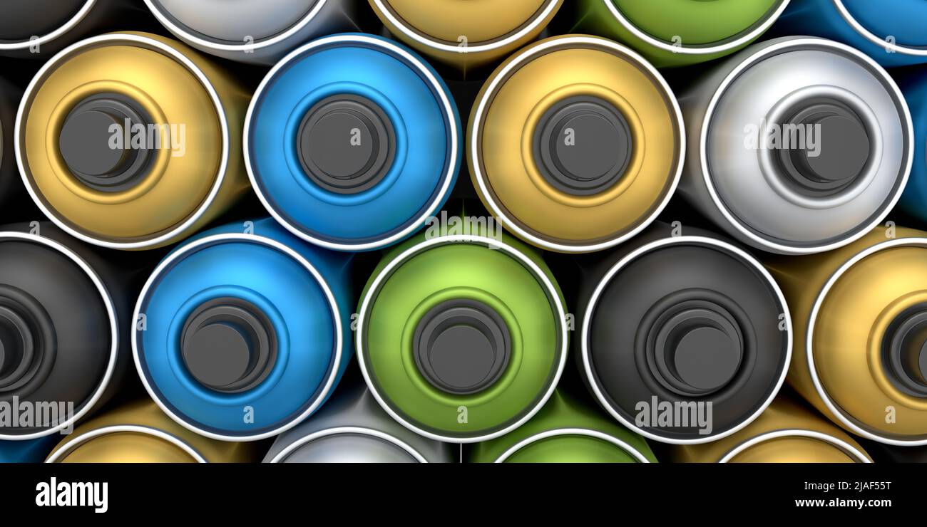 Set of colorful spray paint cans in row on white background. 3d render ...