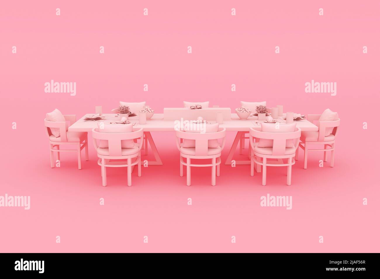Light pink background. Dining chairs and dining table in flat style, 3D ...