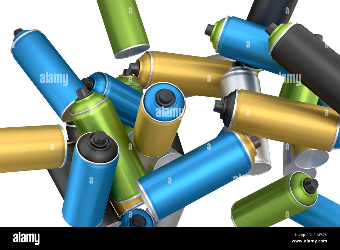 Lots of flying spray paint cans on white background. 3d render spray ...