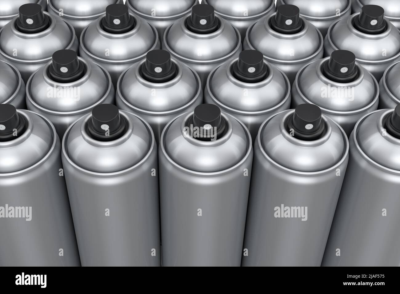 Set of silver spray paint cans in row on white background. 3d render ...
