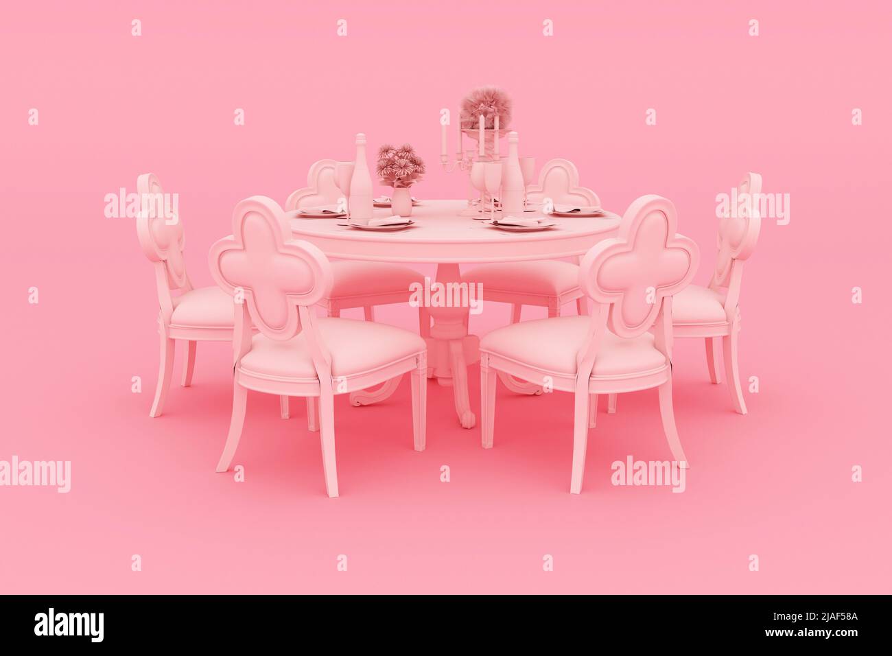 Light pink background. Dining chairs and dining table in flat style, 3D ...