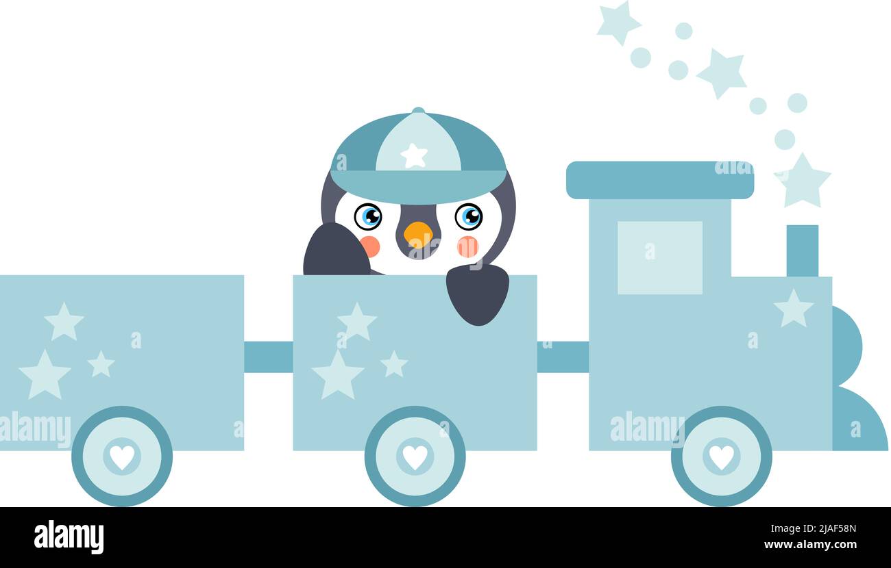 Cute baby boy penguin on blue toy train Stock Photo - Alamy