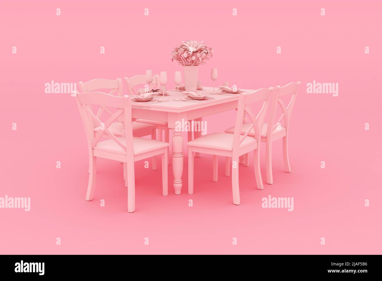 Light pink background. Dining chairs and dining table in flat style, 3D ...