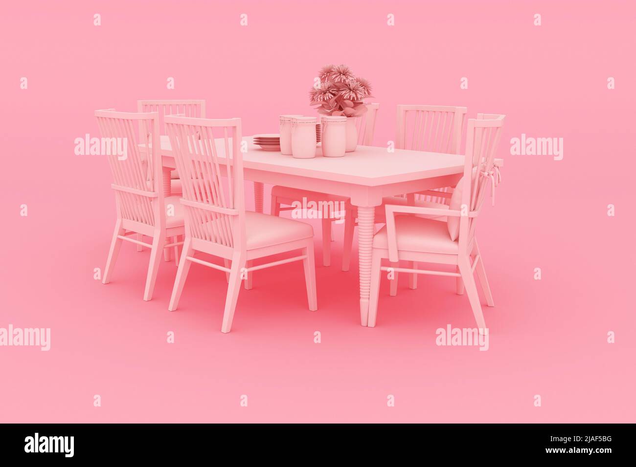 Light pink background. Dining chairs and dining table in flat style, 3D ...
