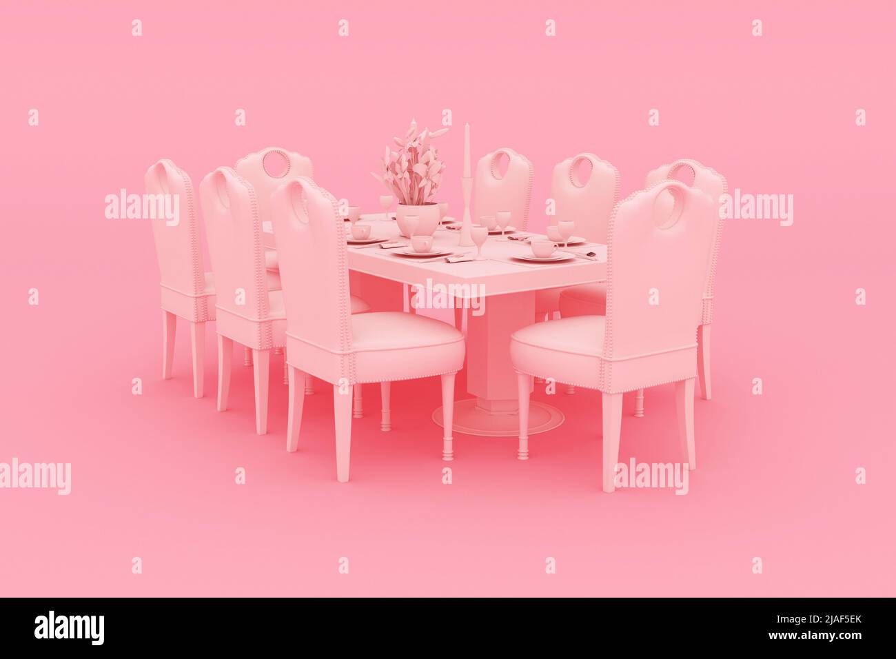 Light pink background. Dining chairs and dining table in flat style, 3D ...