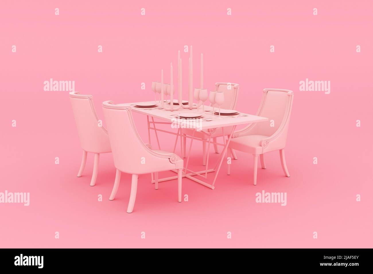 Light pink background. Dining chairs and dining table in flat style, 3D ...