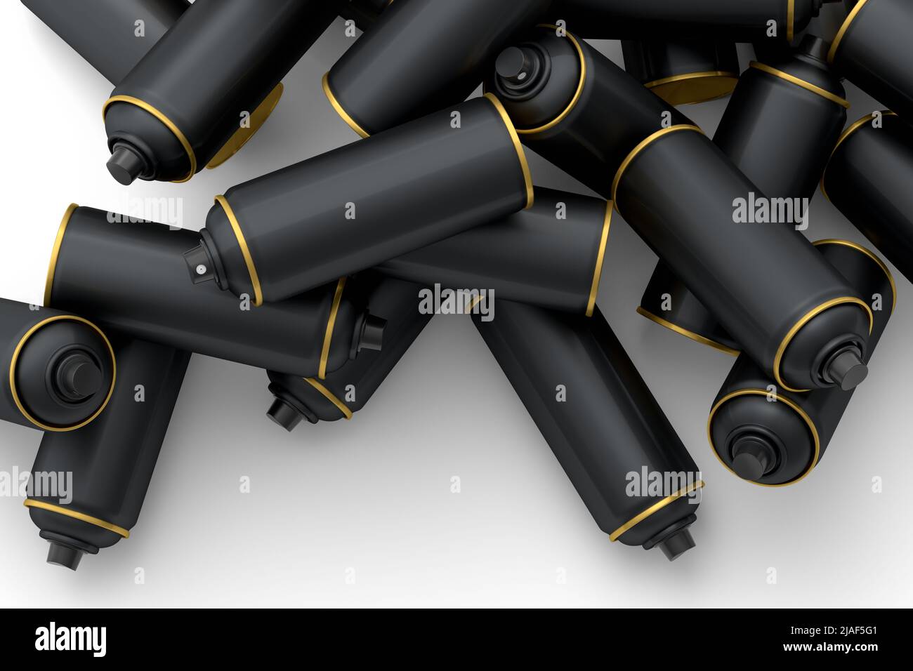 Lots of flying spray paint cans on white background. 3d render spray ...