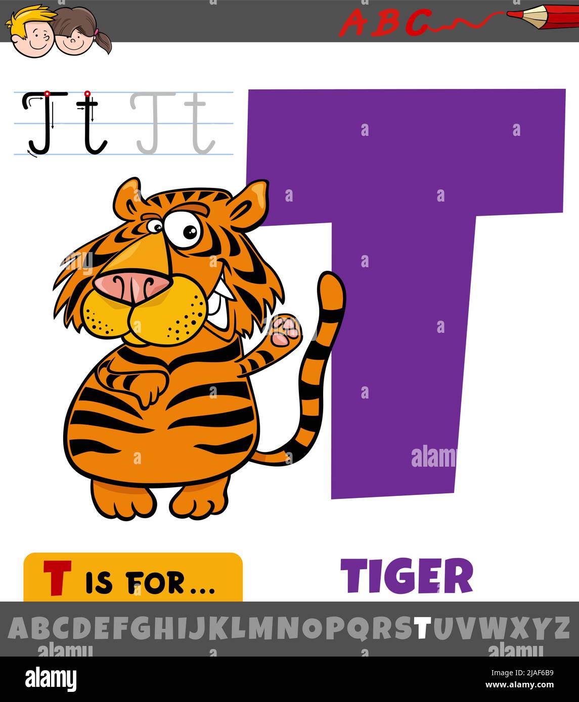 Educational cartoon illustration of letter T from alphabet with tiger ...