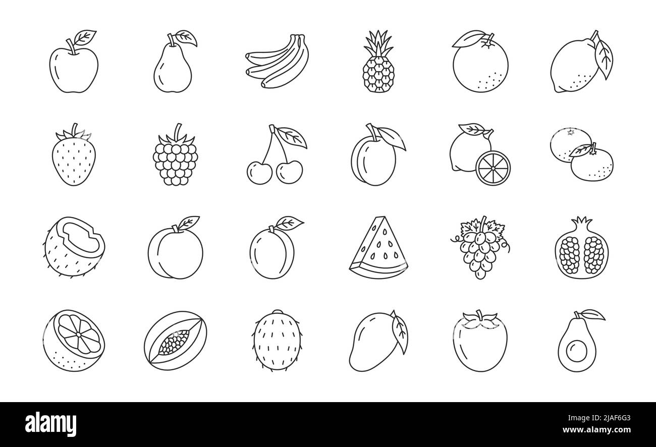 Fruit and berry doodle illustration including icons - strawberry, apple ...
