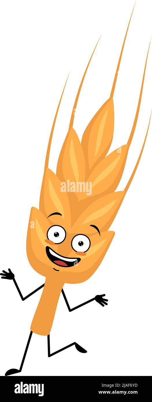 Cute ear of wheat character with crazy emotions, happy face, smile eyes ...