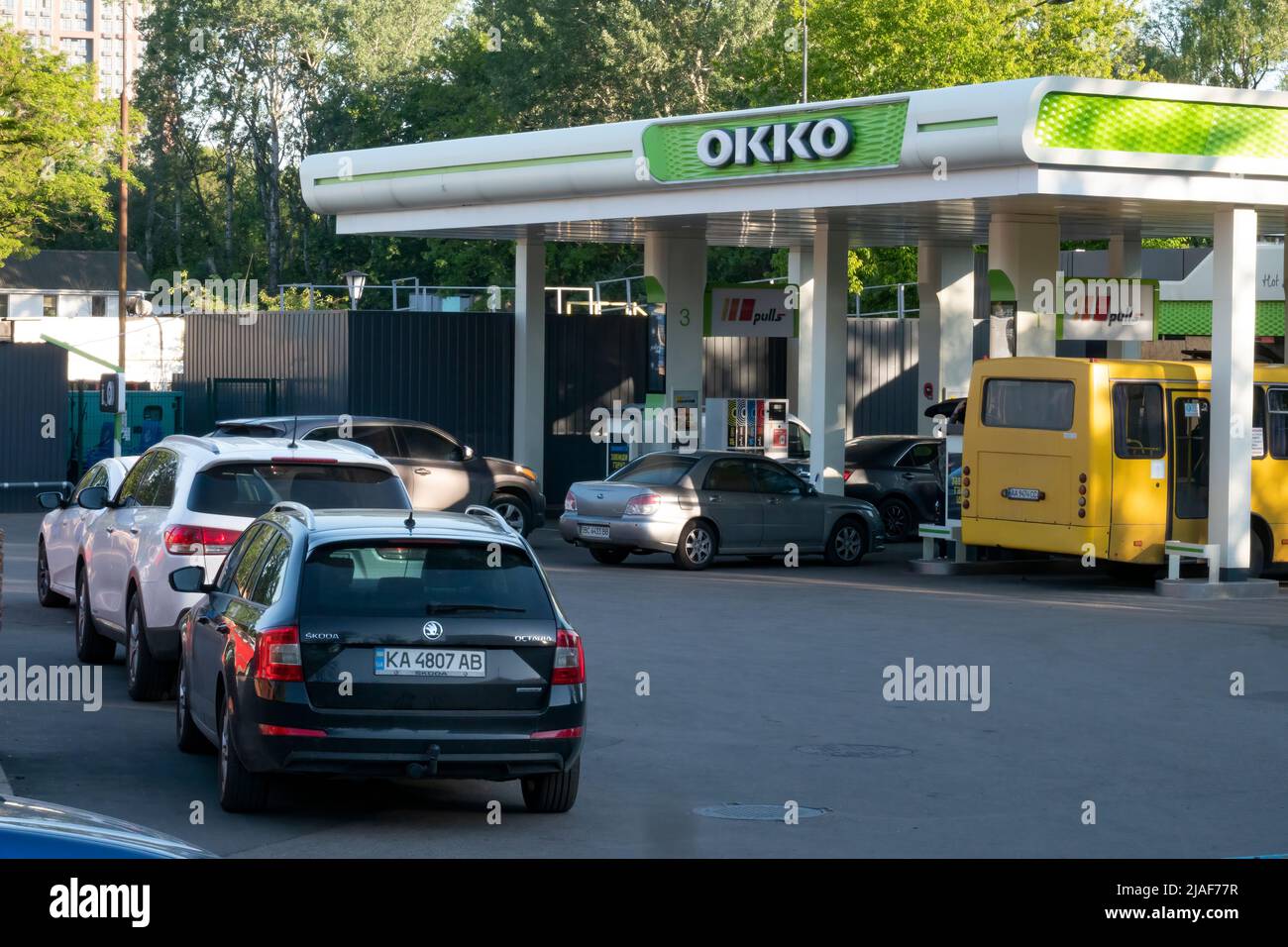 2022-05-25 Kyiv, Ukraine. Long queue to the gas station. Fuel supply ...