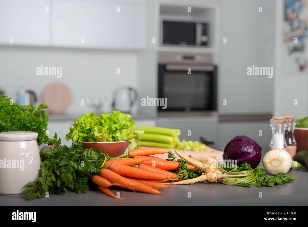 Set of variety vegetable on kitchen counter bar. Healthy eating with ...
