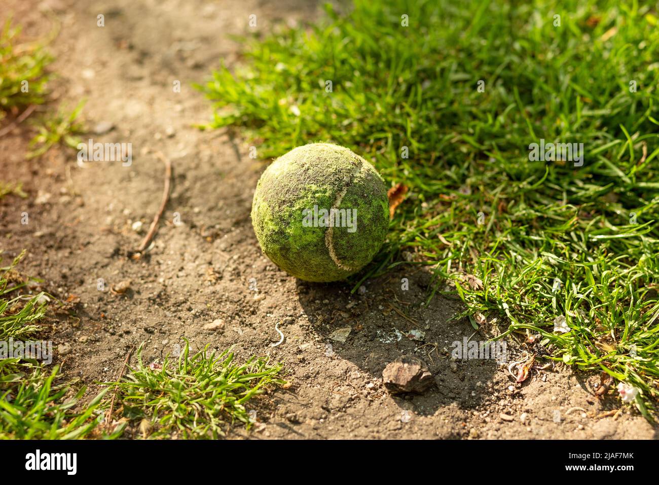 dirty yellow tennis ball on dirt road and grass Stock Photo - Alamy