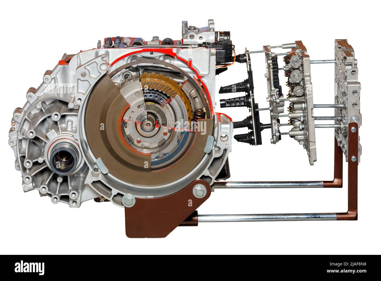 Automatic transmission of a modern car on an exhibition stand in a cut ...