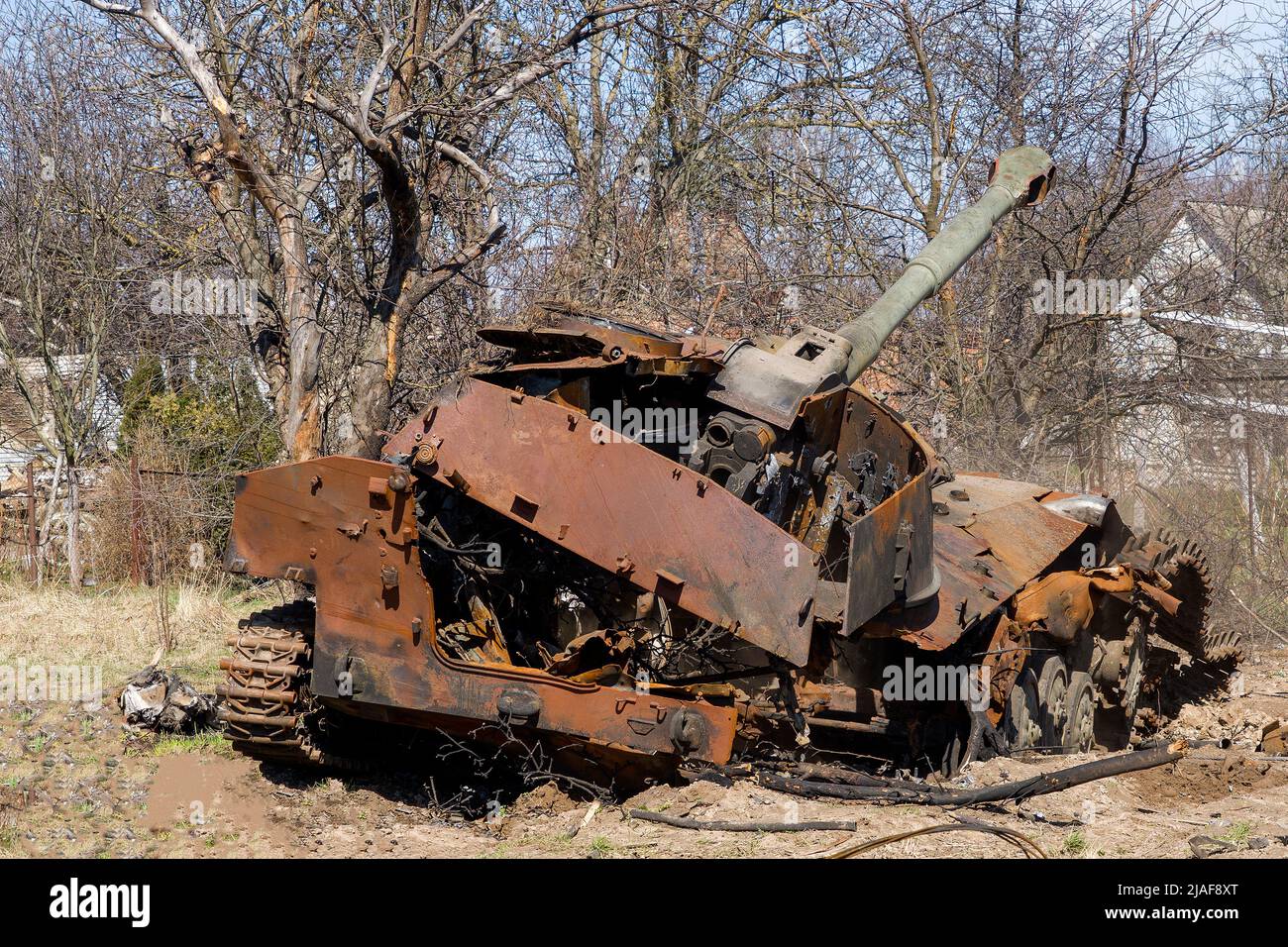 Burnt tank, armored personnel carrier, city of Ukraine. Destroyed ...