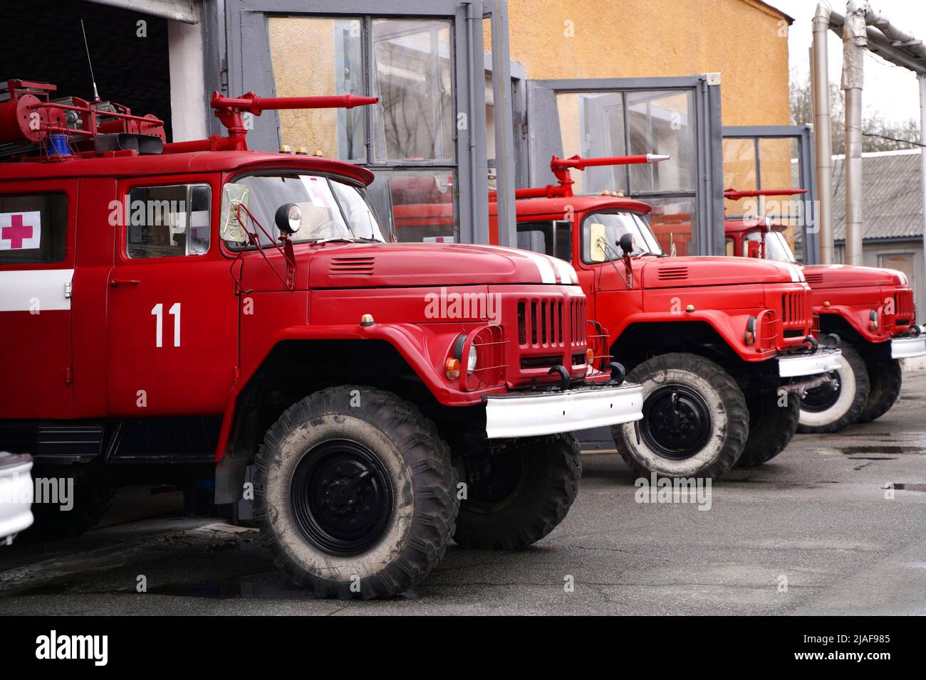 Fire Department. Cars are in the hangar of the fire department. Modern ...