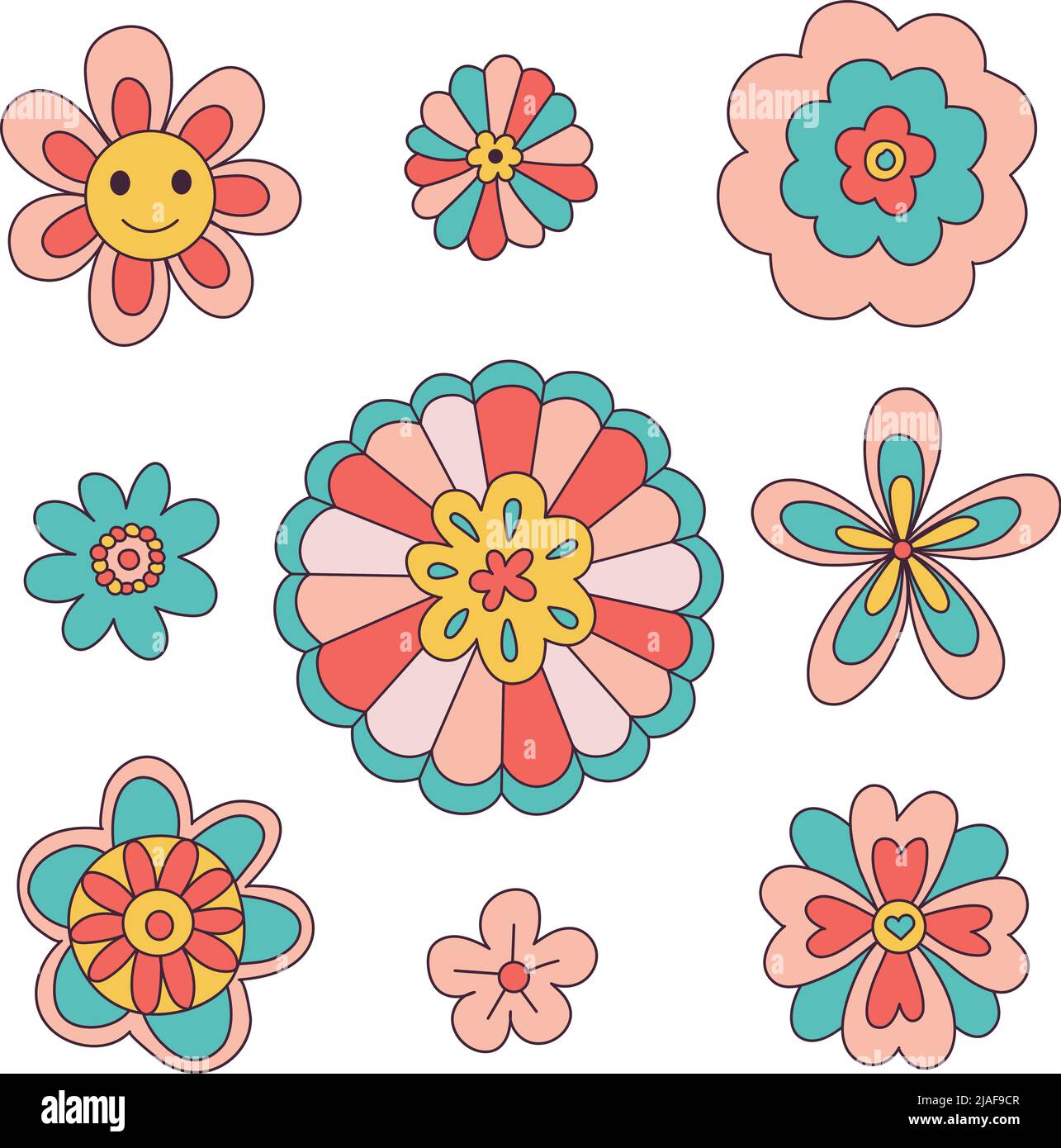 Retro 70s 60s Groovy Hippie Flowers Floral Daisy Happy Smile Face ...