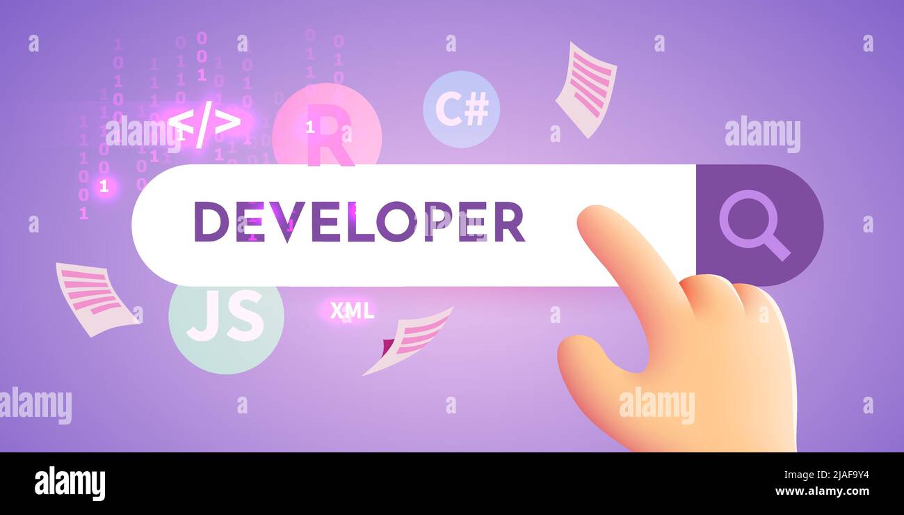 Cartoon hand looking for a developer using Internet. Vector ...