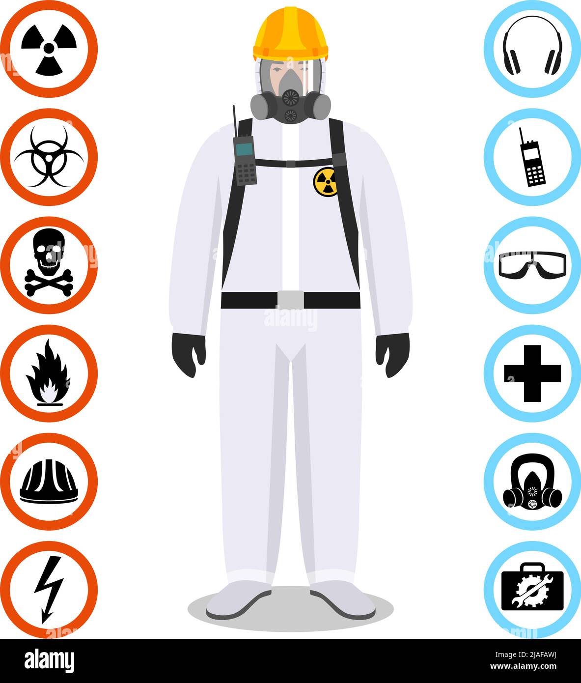 Man in white protective suit in flat style. Dangerous profession ...