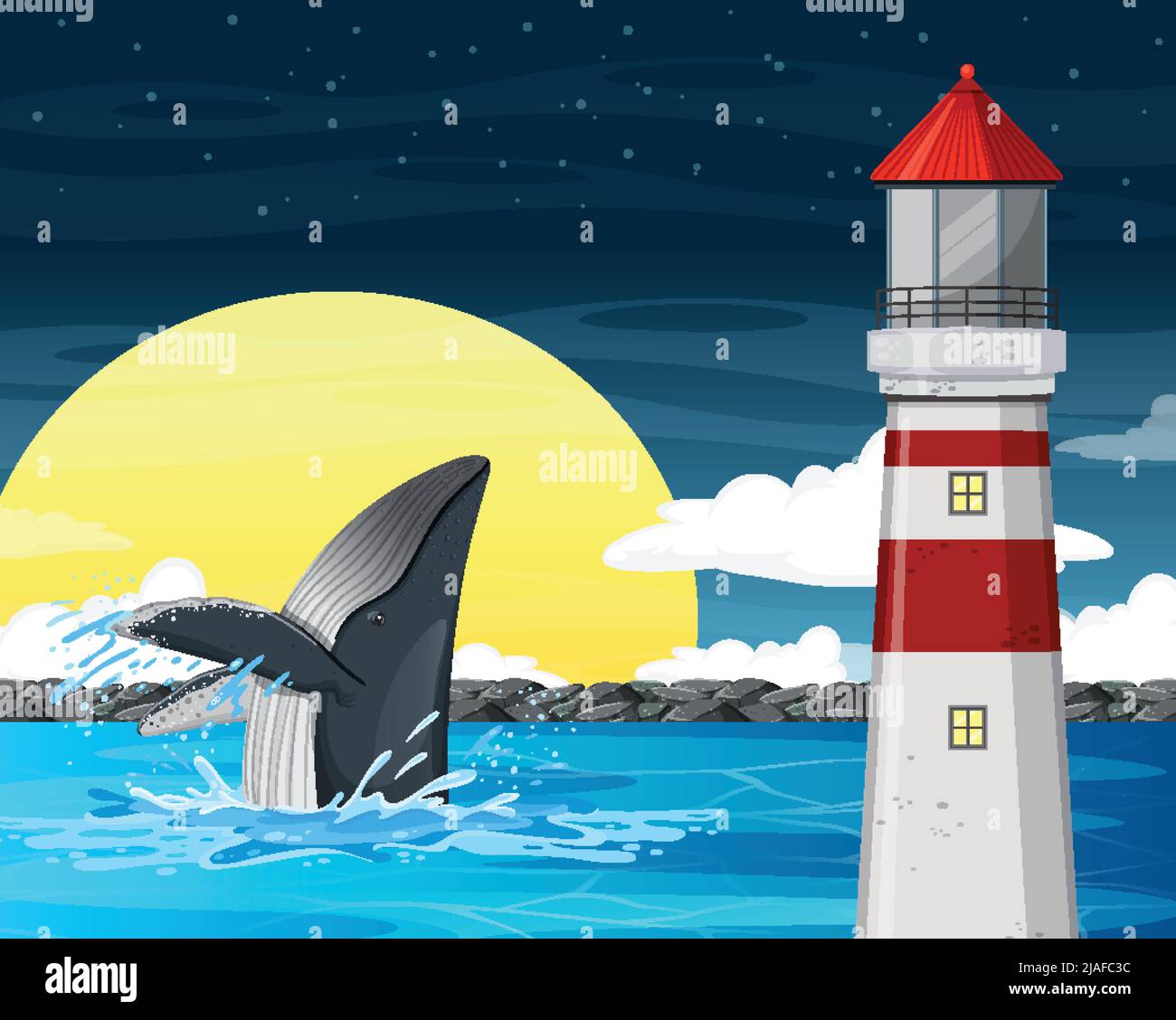 Lighthouse at night scene illustration Stock Vector Image & Art - Alamy