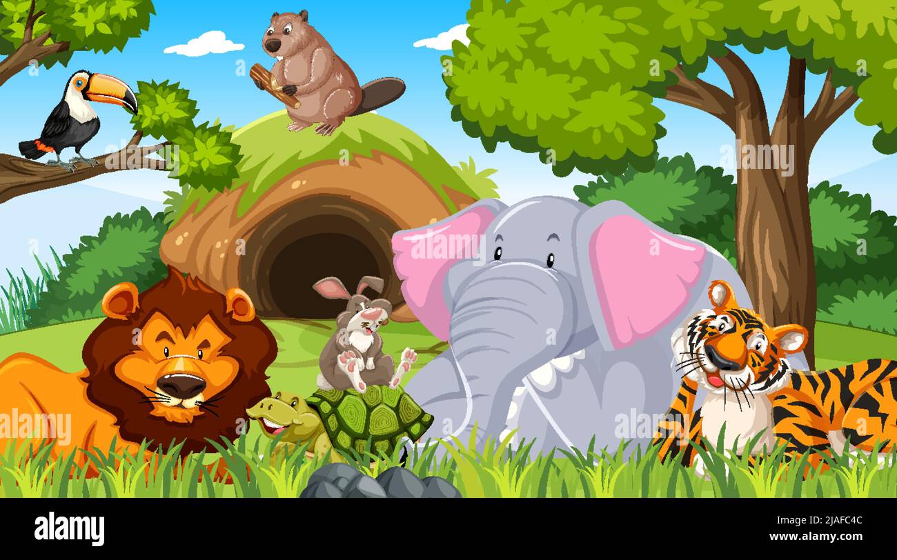 Wild animals cartoon characters in the forest scene illustration Stock ...