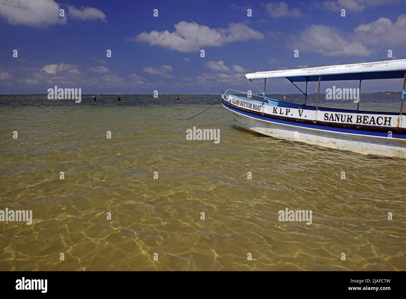 Glass-bottom boat for underwater observation near the beach of Sanur ...