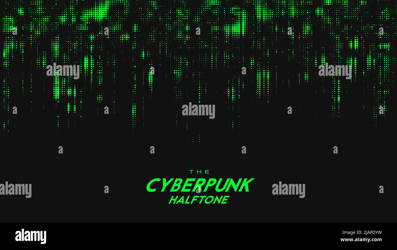Abstract vector green cyberpunk halftone sound wave. Scrathed dotted ...