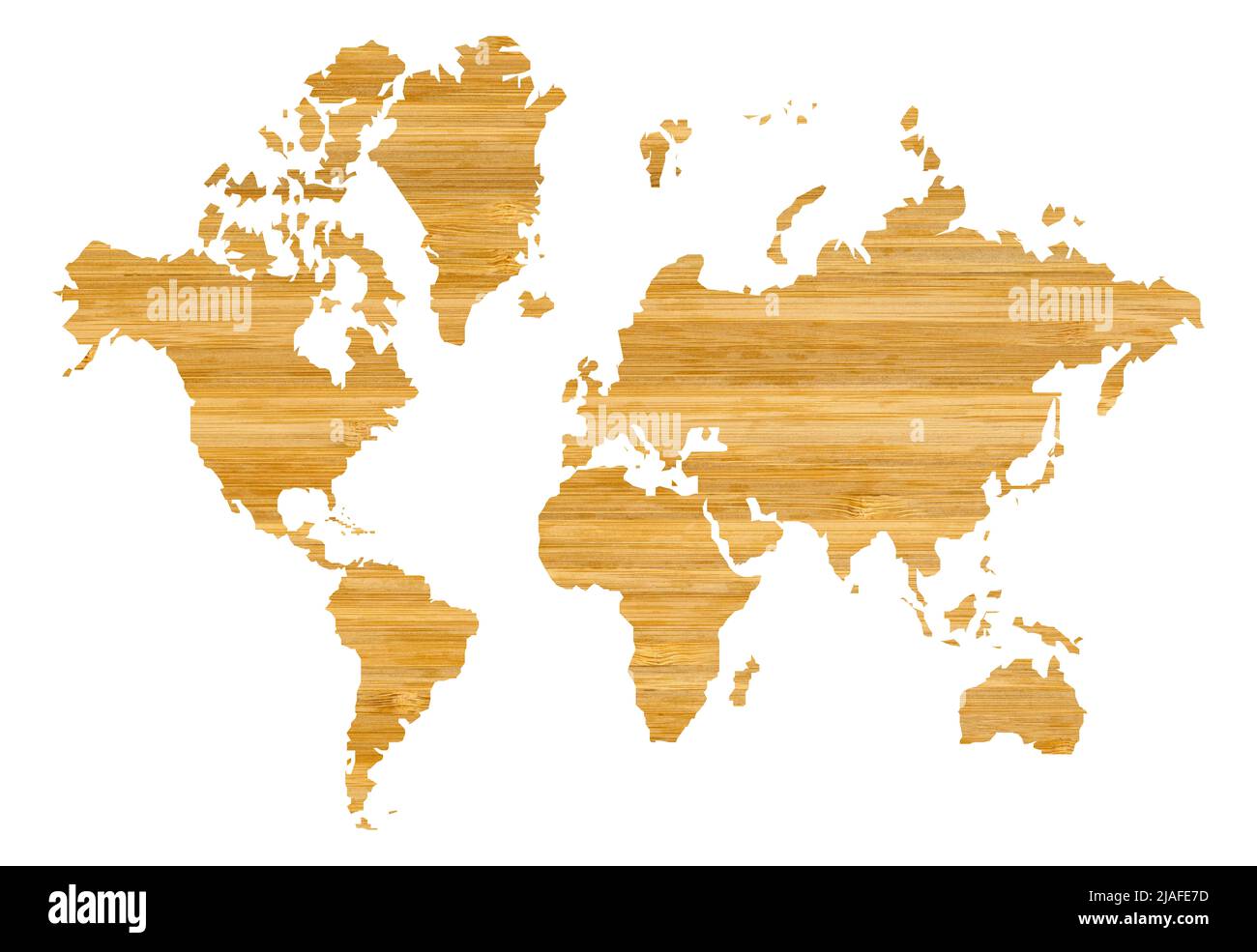 Detail of world map with bamboo wood cut, isolated on white background ...