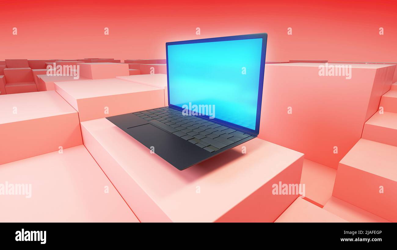 Laptop Open with Bright Screen in Blue flying on the geometric blocks ...