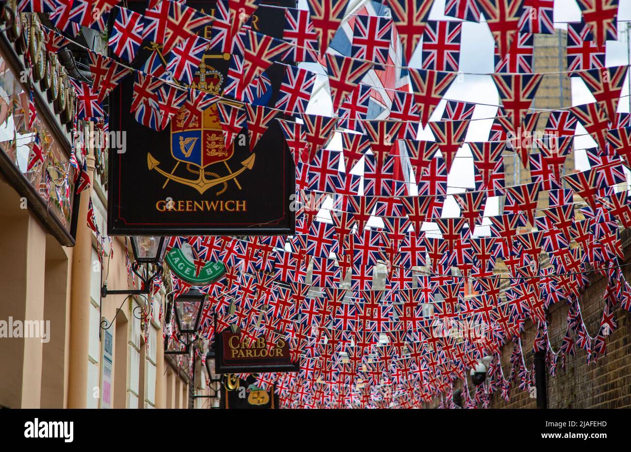 Union Jack flags bunting for Queen's Platinum Jubilee at Trafalgar ...