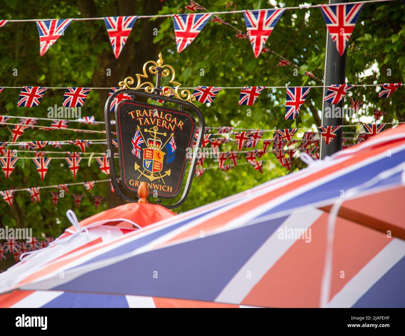 Union Jack flags bunting for Queen's Platinum Jubilee at Trafalgar ...