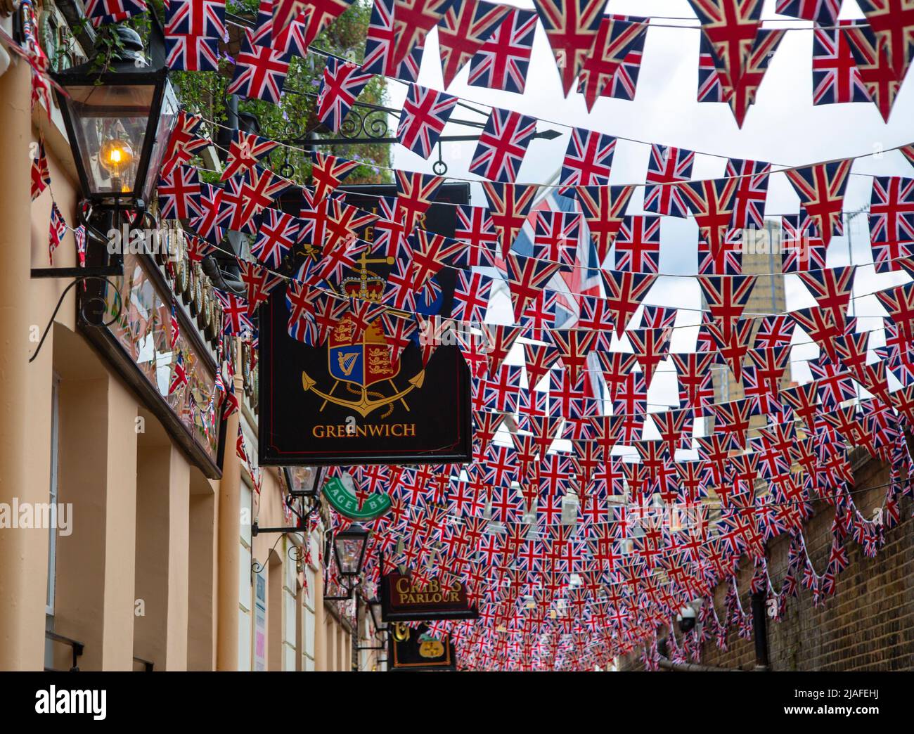 Union Jack flags bunting for Queen's Platinum Jubilee at Trafalgar ...