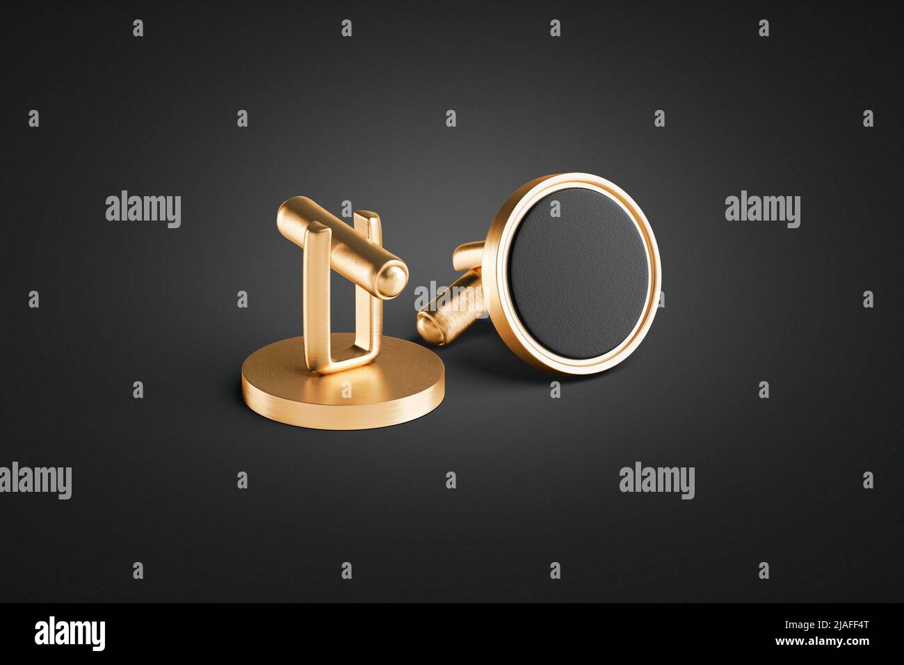 Blank round gold cufflinks toggle with black label mockup pair Stock ...